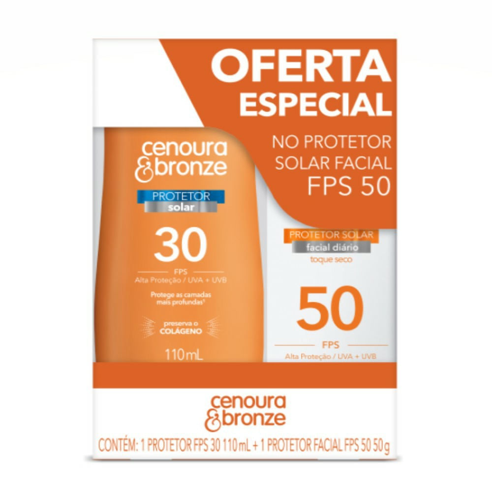 Kit Cenoura e Bronze Protetor Solar FPS30 110ml + Protetor Solar Facial ...