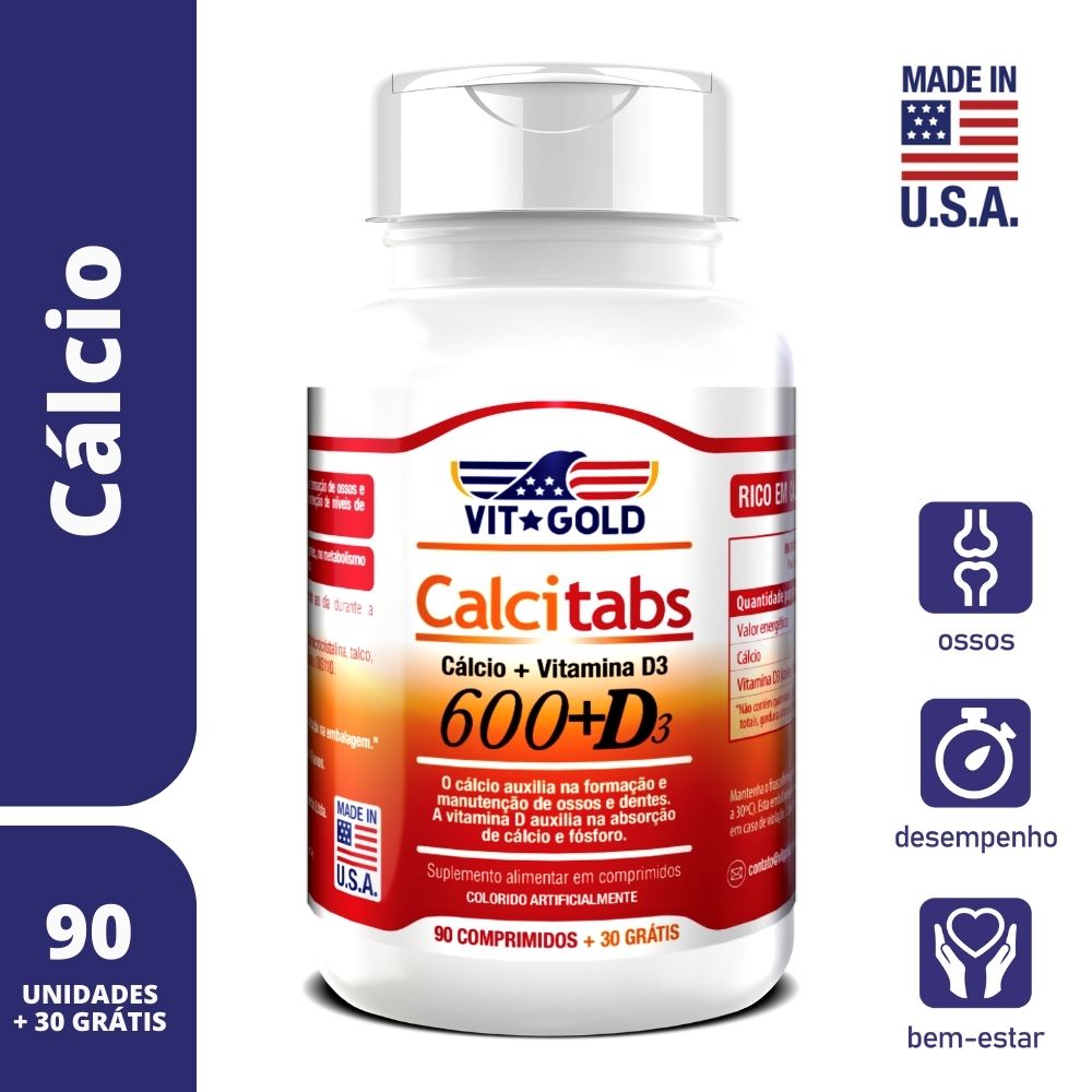Calcitabs Vitgold Cálcio 600mg + Vitamina D3 90 Comprimidos - Drogaria ...